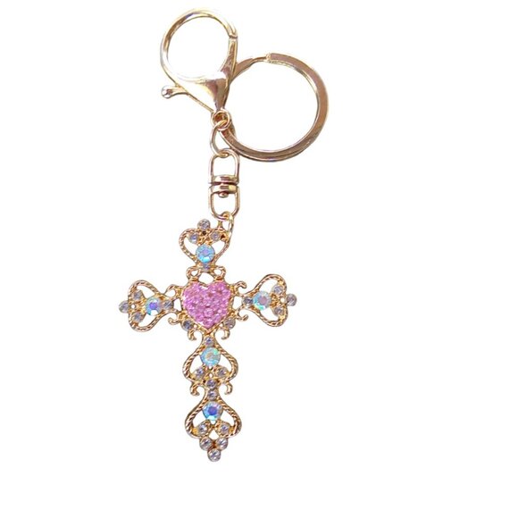 Bags | Rhinestone New Cross With Pink Center Bag Charm Keychain | Poshmark